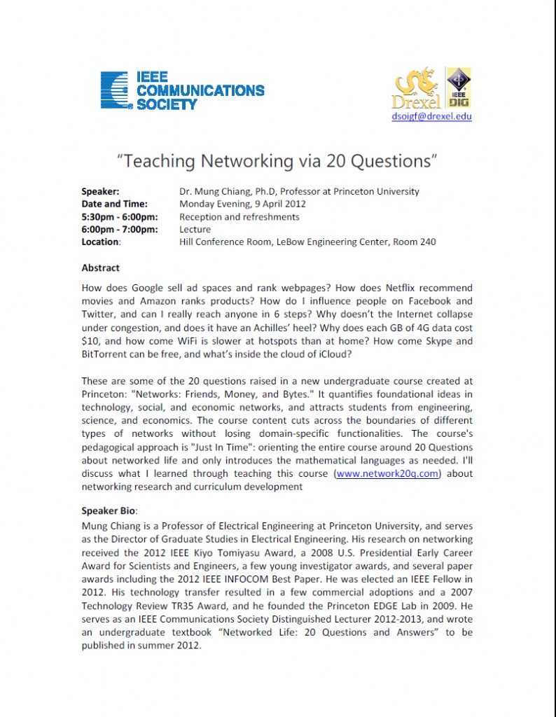 IEEE ComSoc Distinguished Lecture – “Teaching Networking in 20 Questions” – Drexel IEEE Graduate ...